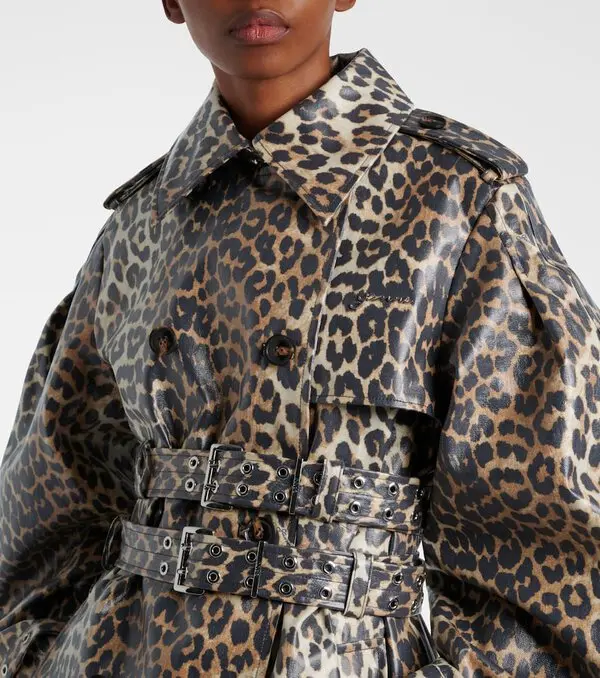 GANNI Leopard-print Cotton Canvas Trench Coat