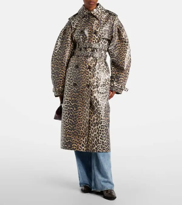 GANNI Leopard-print Cotton Canvas Trench Coat