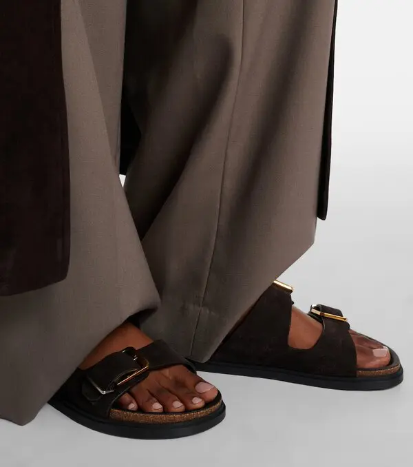 THE ROW Buckle Suede Slides - Brown