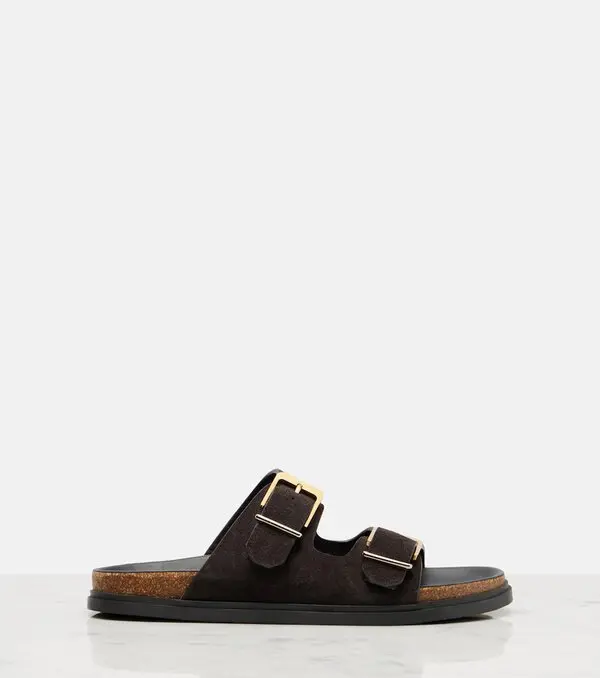 THE ROW Buckle Suede Slides - Brown