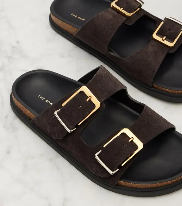THE ROW Buckle Suede Slides - Brown