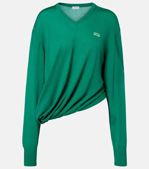 Loewe Double L Asymmetric Wool Sweater - Green