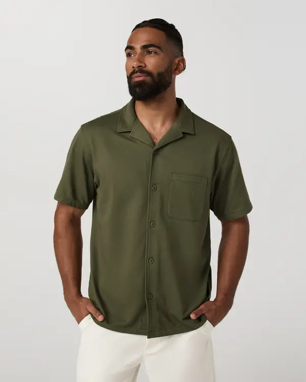Vuori Short Sleeve Knit Oxford Camp Collar Button Down - Herb