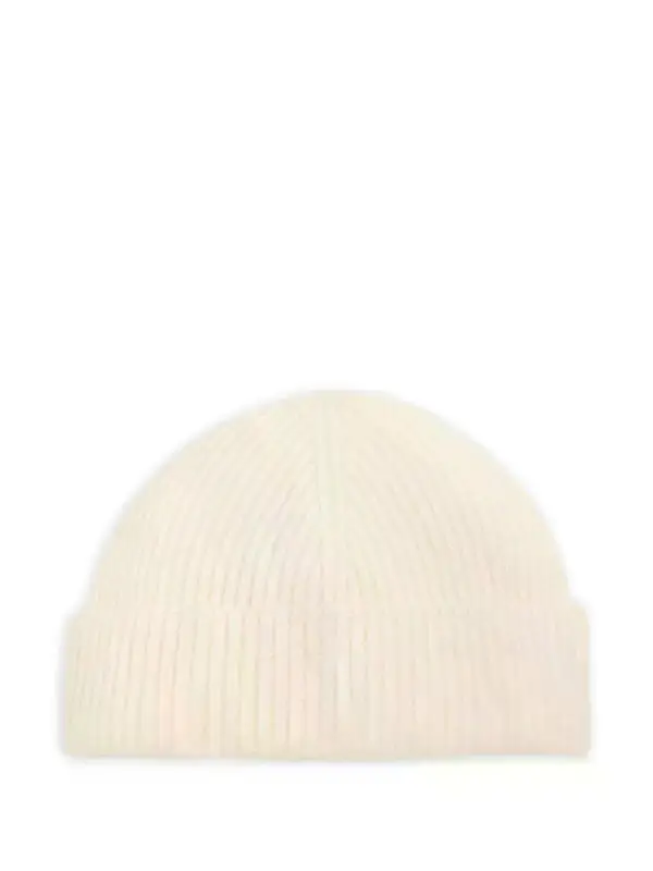 AMI Paris Extrafine Merino Wool Beanie Hat With Leather Logo Label - Neutrals