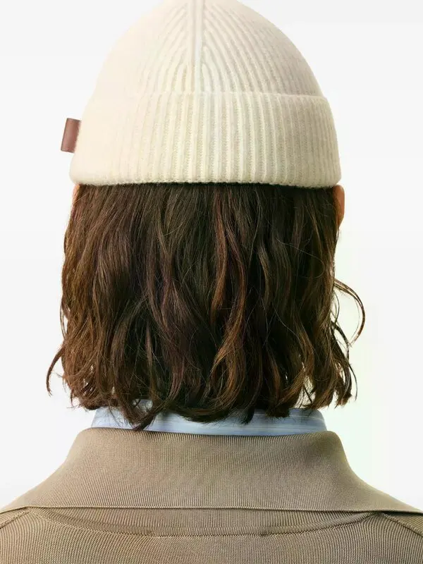 AMI Paris Extrafine Merino Wool Beanie Hat With Leather Logo Label - Neutrals