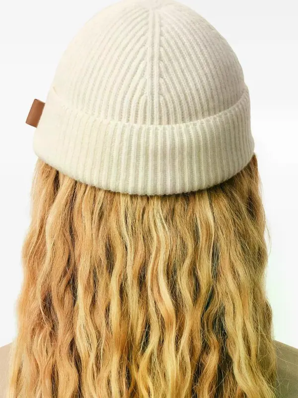 AMI Paris Extrafine Merino Wool Beanie Hat With Leather Logo Label - Neutrals