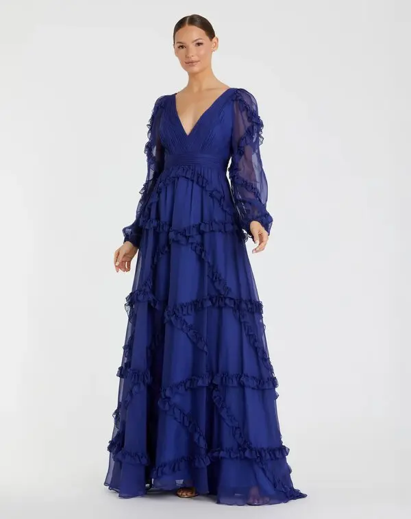 Mac Duggal Cascading Ruffle Puff Sleeve A-line Gown - Fuchsia