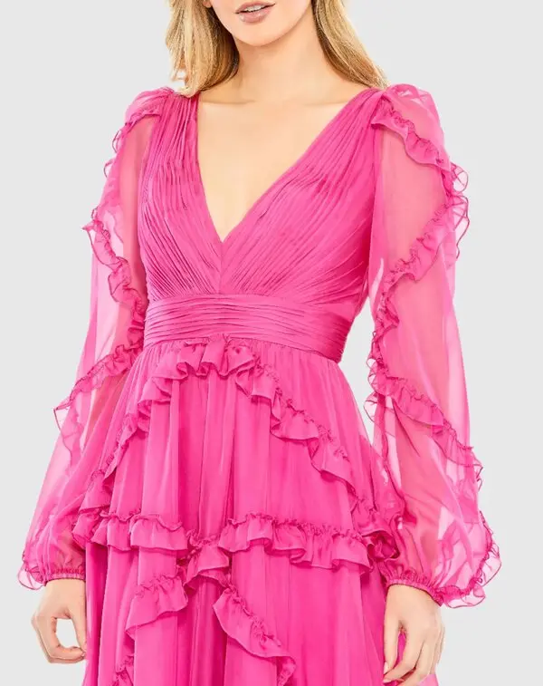 Mac Duggal Cascading Ruffle Puff Sleeve A-line Gown