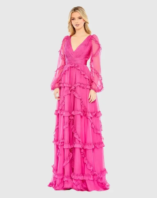 Mac Duggal Cascading Ruffle Puff Sleeve A-line Gown