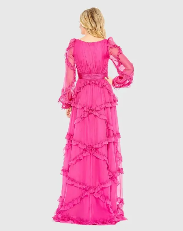 Mac Duggal Cascading Ruffle Puff Sleeve A-line Gown