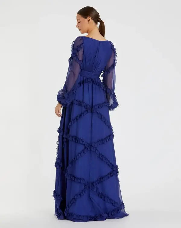 Mac Duggal Cascading Ruffle Puff Sleeve A-line Gown