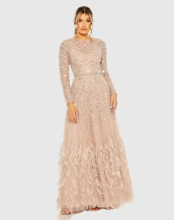 Mac Duggal Petite Embellished Sequin Gown With Feather Detail - Pink