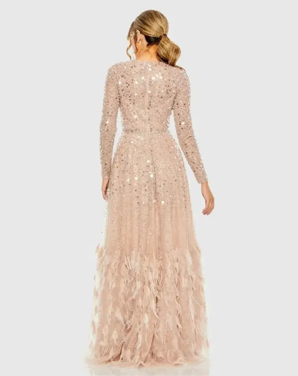 Mac Duggal Petite Embellished Sequin Gown With Feather Detail - Pink