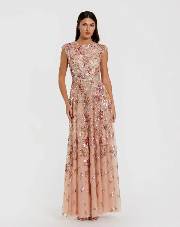 Mac Duggal Embellished High Neck Cap Sleeve A-line Gown - Orange
