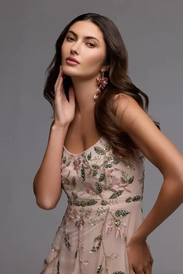 Mac Duggal Floral Embroidered Ruffle Midi Dress In Porcelain | Editorialist