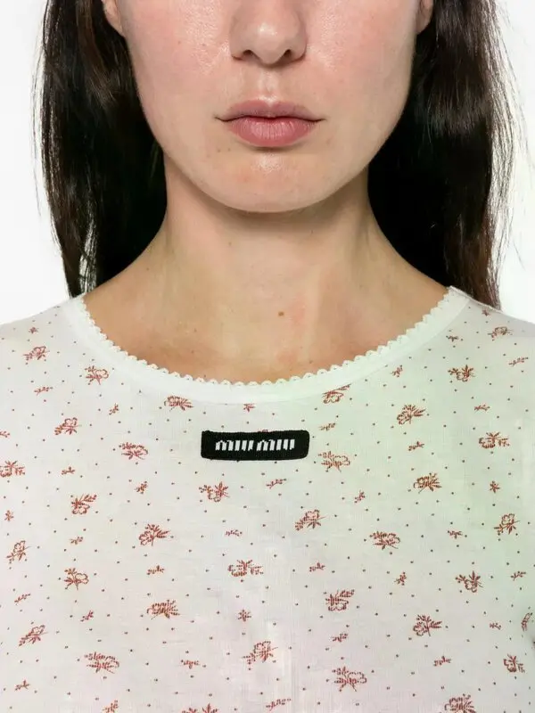 Miu Miu Ribbed Jersey Floral Print Long Sleeve Dress