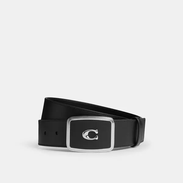 COACH Signature Plaque Buckle Leather Belt - Black