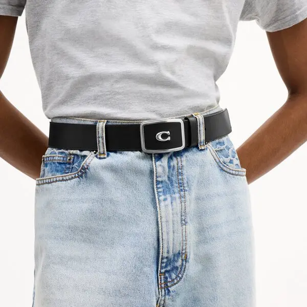 COACH Signature Plaque Buckle Leather Belt - Black