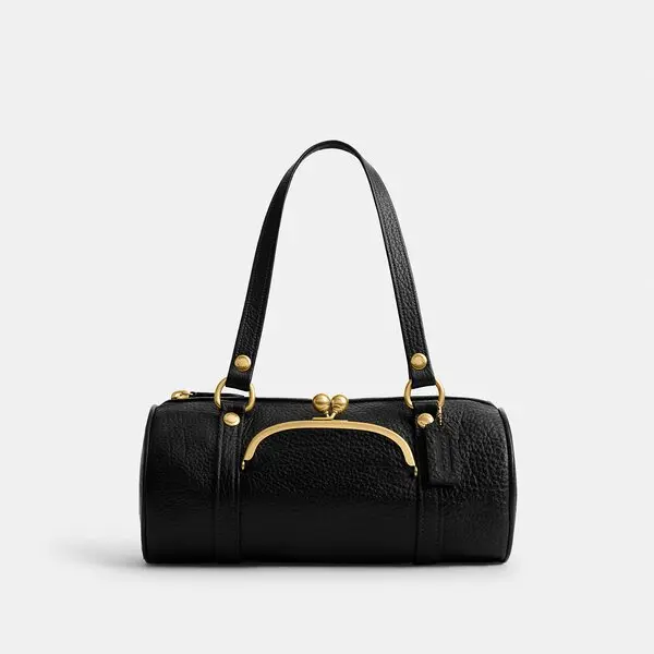 COACH Kisslock Barrel Bag In Textured Leather - Brass/black