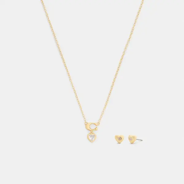 COACH Signature Heart Pendant Necklace And Earrings Set - Gold/crystal