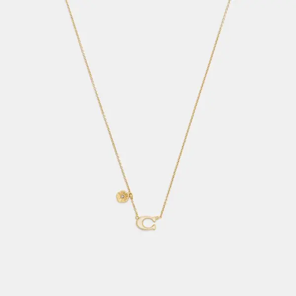 COACH Enamel Signature Tea Rose Charm Pendant Necklace - Gold/chalk