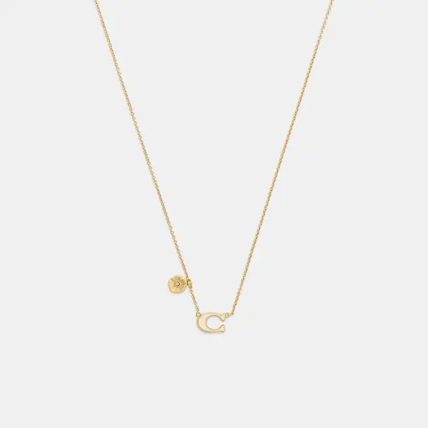 COACH Enamel Signature Tea Rose Charm Pendant Necklace - Gold/chalk