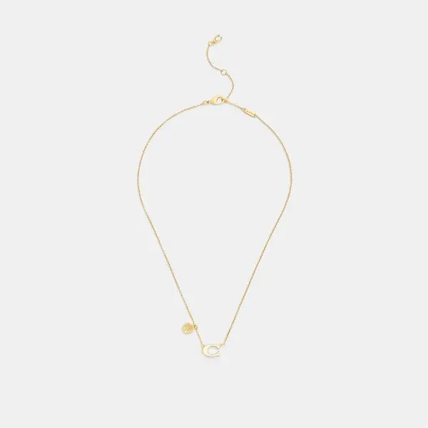 COACH Enamel Signature Tea Rose Charm Pendant Necklace