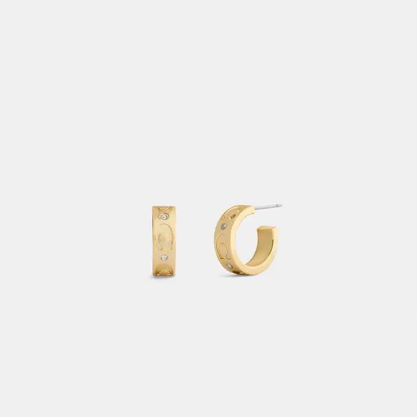 COACH Signature Repeated C Huggie Earrings With Crystals - Gold