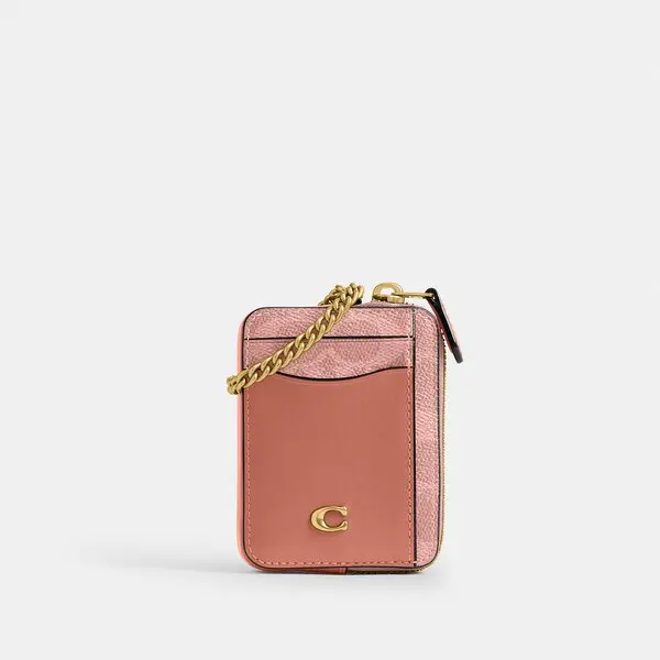 COACH Essential Chain Card Case In Signature Canvas - Brass/melon Pink