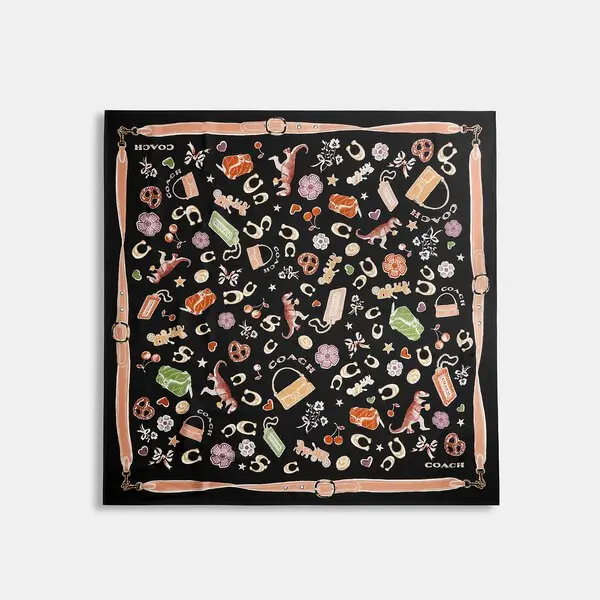 COACH Iconic Motifs Print Silk Square Scarf - Black