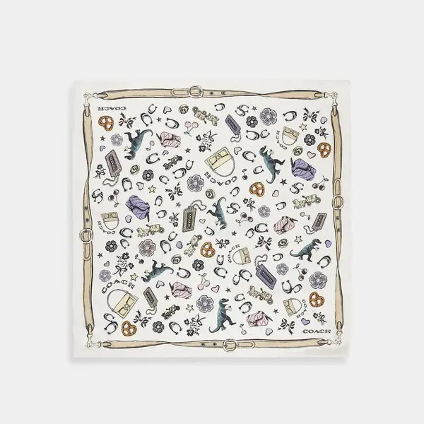 COACH Iconic Motifs Print Silk Square Scarf - White