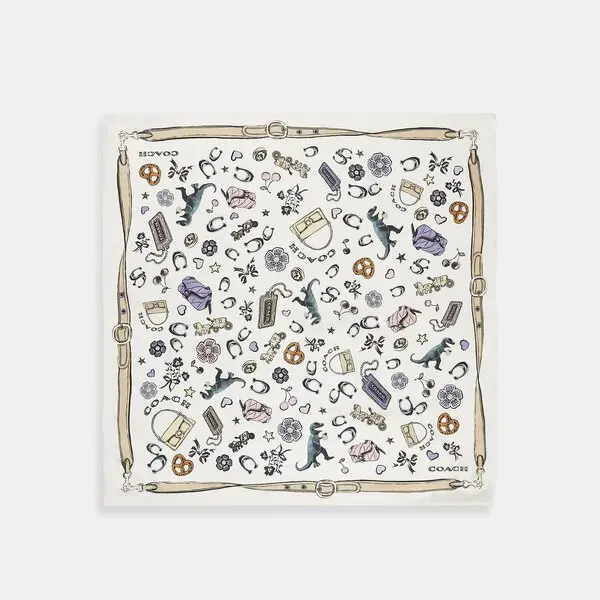 COACH Iconic Motifs Print Silk Square Scarf - White