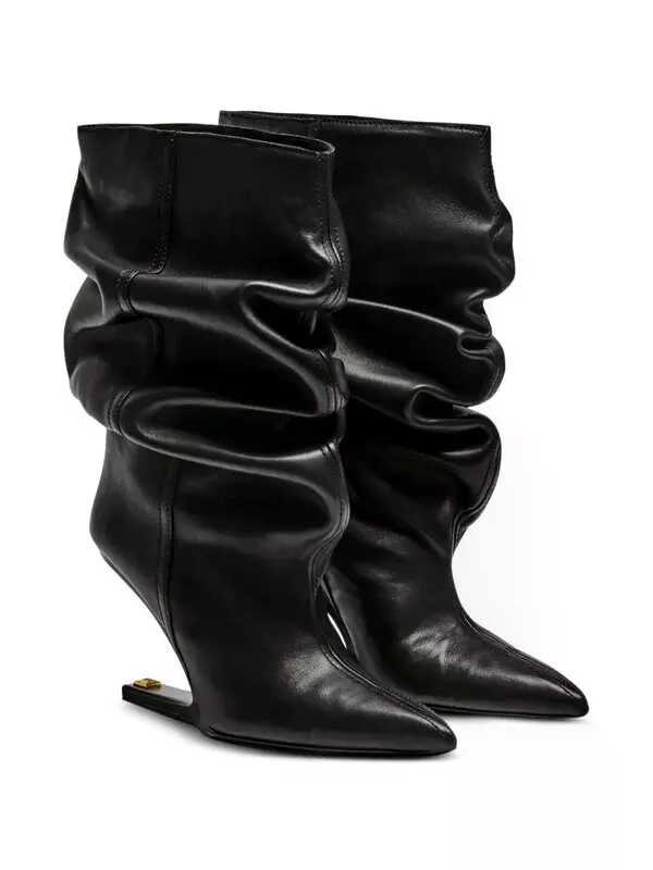 Balmain Pointed Toe Wedge Leather Ankle Boots - Black