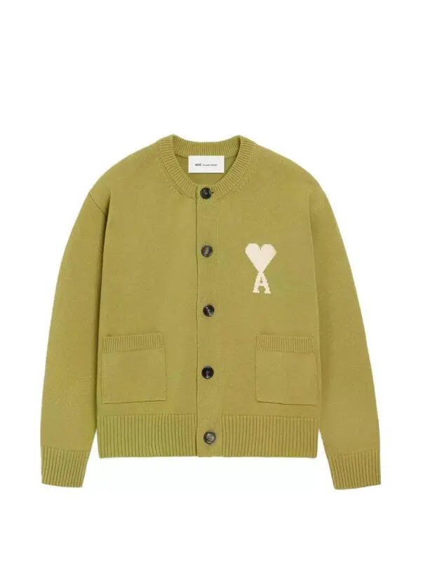 AMI Paris De Coeur Intarsia-logo Cardigan - Green