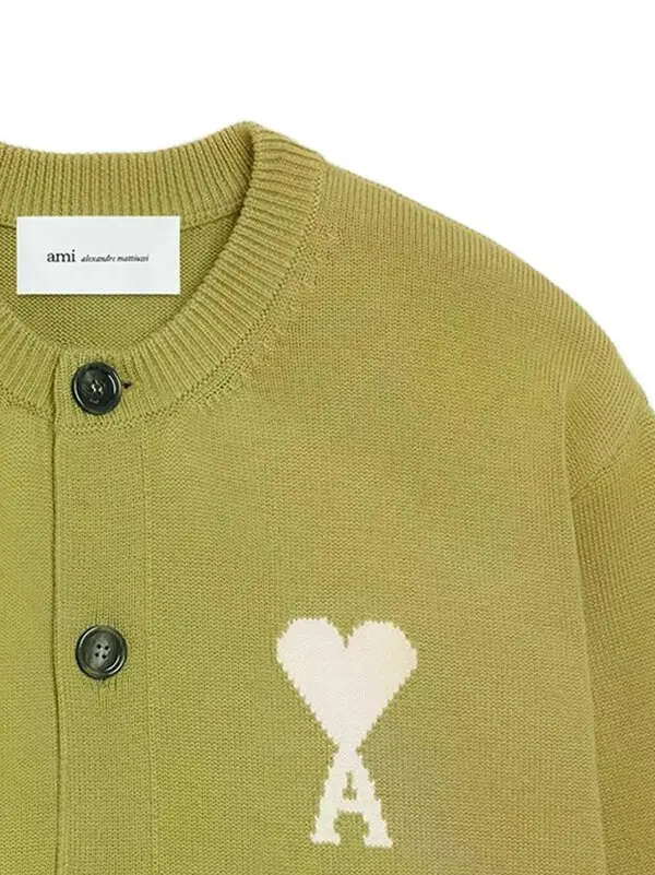 AMI Paris De Coeur Intarsia-logo Cardigan - Green