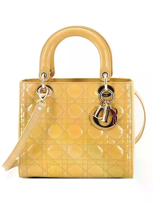 Dior Lady Bag Cannage Quilt Patent Medium Satchel - Yellow