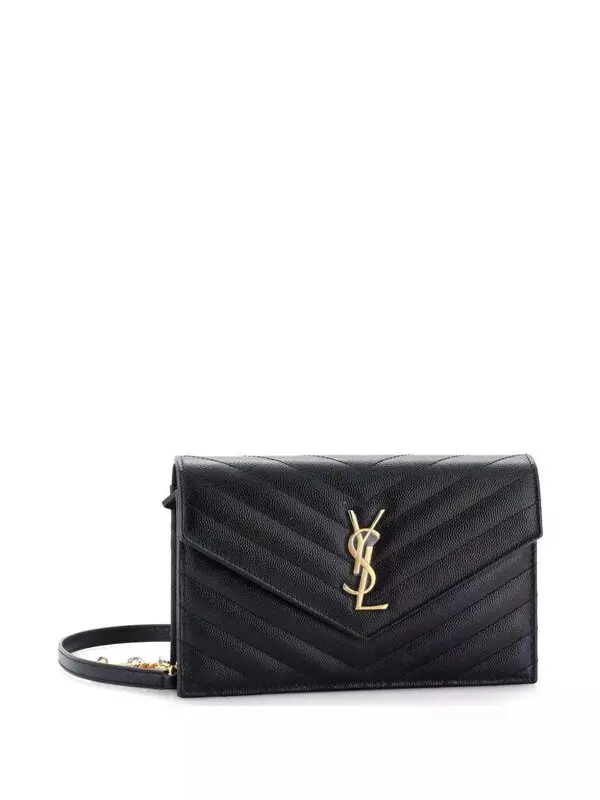 Saint Laurent Classic Monogram Wallet On Chain Matelasse Chevron Leather Small Crossbody Bag - Black