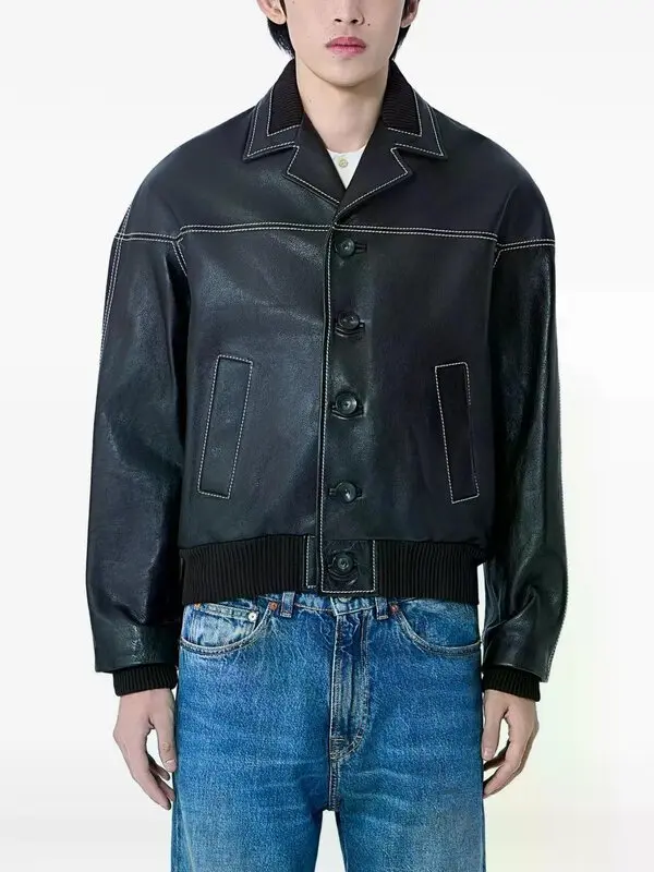 WALES BONNER Ribbed Trims Notched Leather Jacket
