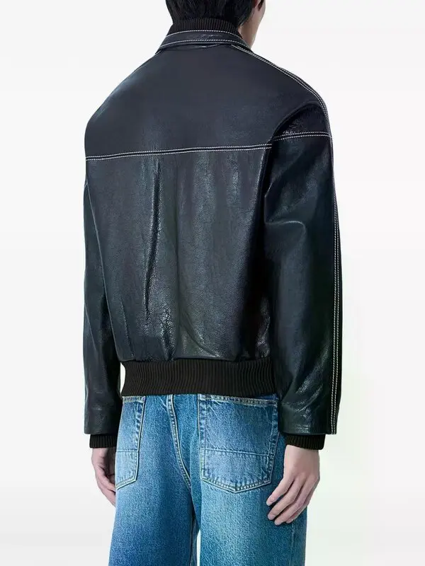 WALES BONNER Ribbed Trims Notched Leather Jacket