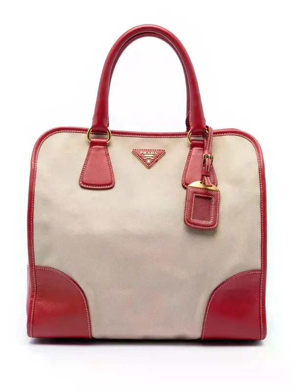 Prada Saffiano Trimmed Canapa Satchel - Brown