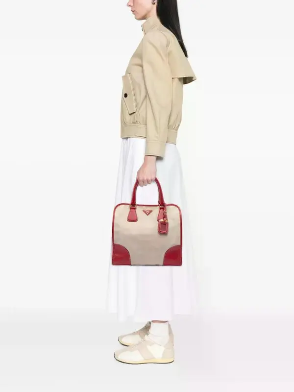 Prada Saffiano Trimmed Canapa Satchel - Brown
