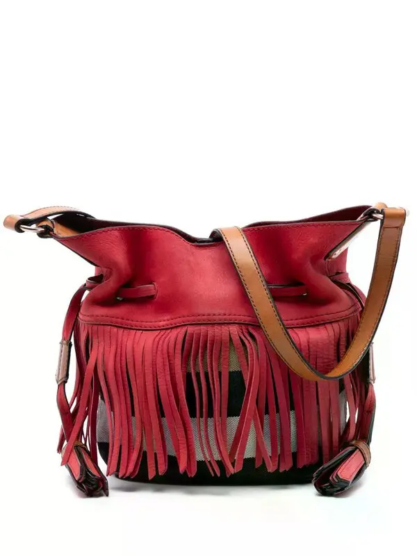 Burberry 2000-2017 Small Mega Check Canvas And Suede Fringe Belgrove Bucket Bag - Red