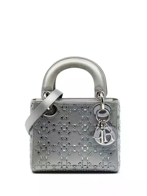 Dior 2019 Mini Satin Cannage Strass Crystal Embellished Lady Satchel - Grey