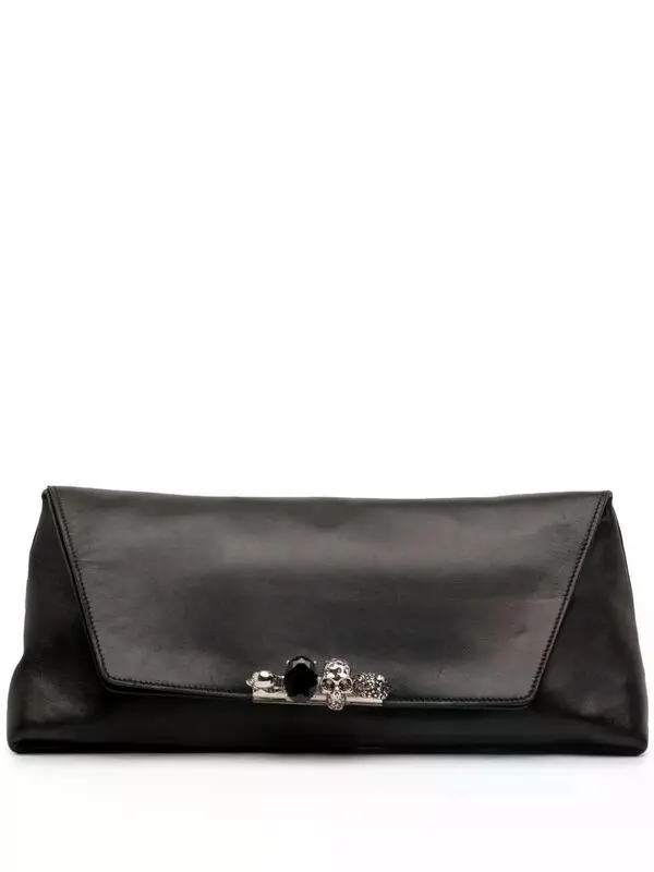 Alexander McQueen 2010-2025 Large Calfskin Skull Knuckle Duster Fold Over Clutch Bag - Black