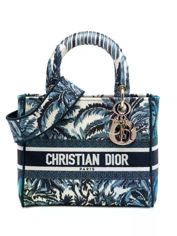 Dior 2020 Medium Embroidered Canvas Palm Tree Toile De Jouy Lady D Lite Satchel - Blue