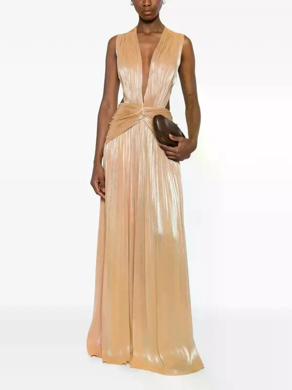 Costarellos Lurex Georgette Cut Out Pleated Maxi Dress - Neutrals