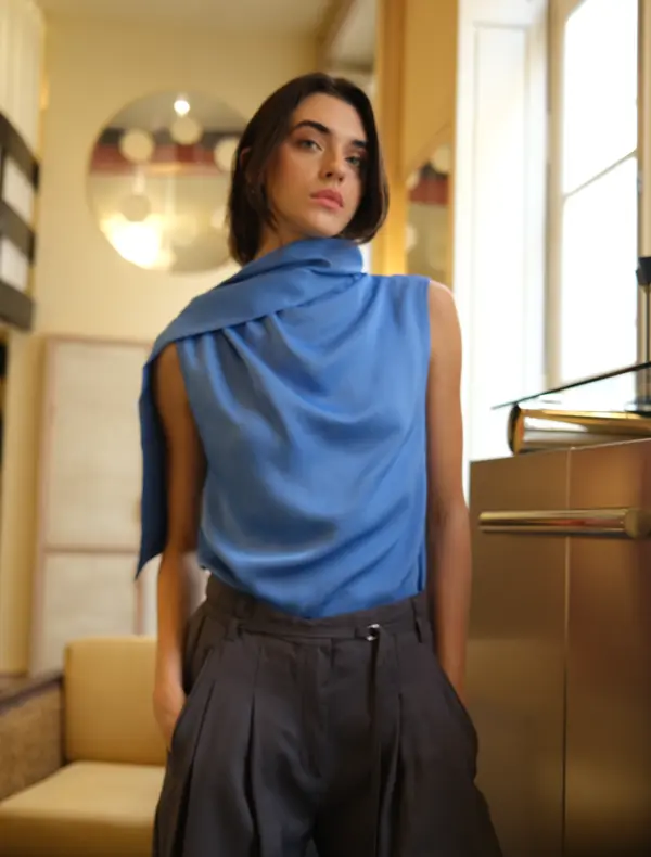 NINETY PERCENT Arlo Drape Scarf Back Top - Cornflower
