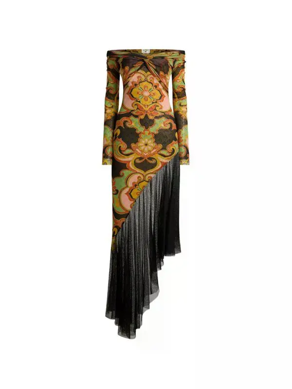 Etro Asymmetric Tulle Midi Dress With Placed Floral Print