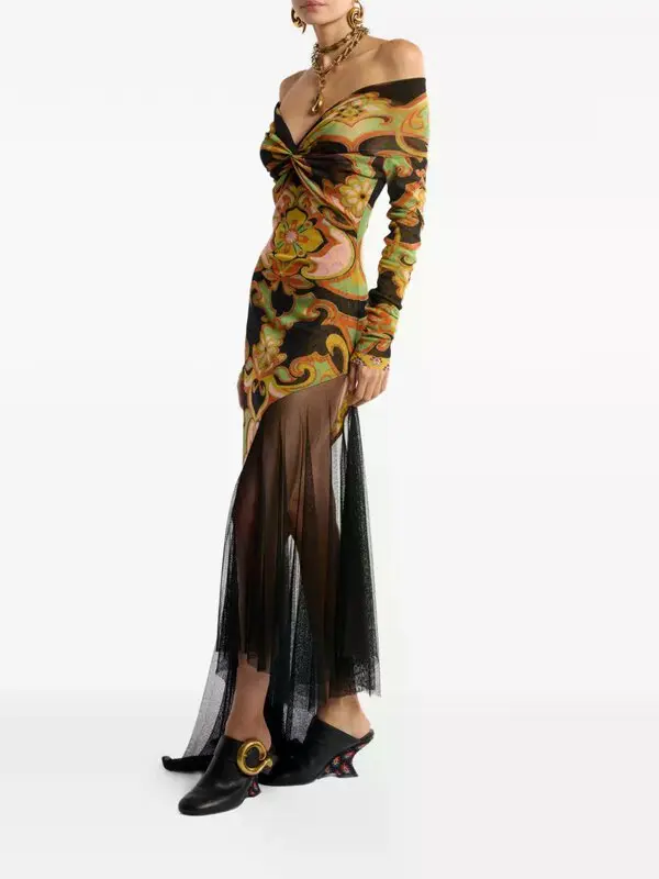 Etro Asymmetric Tulle Midi Dress With Placed Floral Print