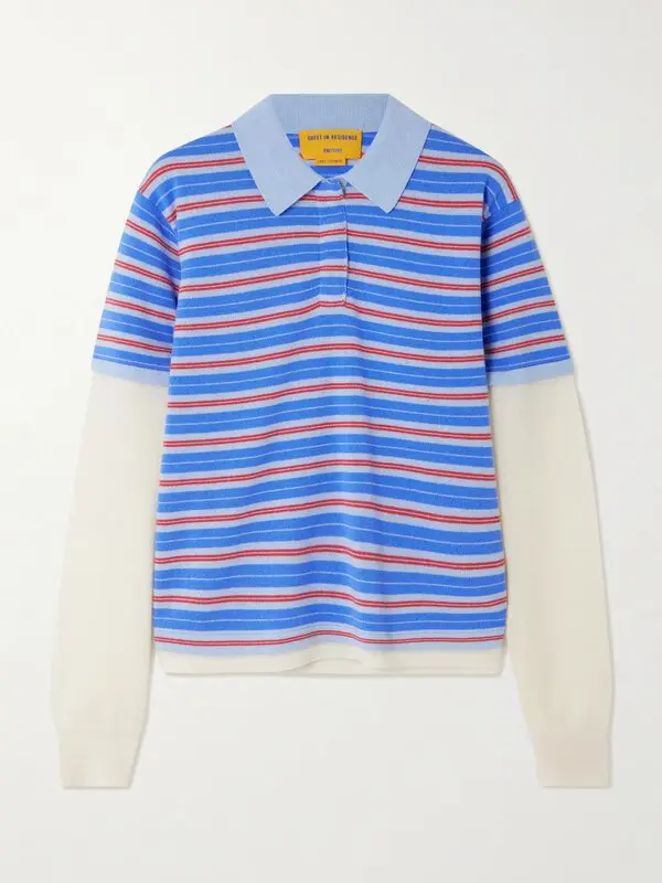 Guest In Residence Layered Striped Cashmere Polo Shirt - Blue
